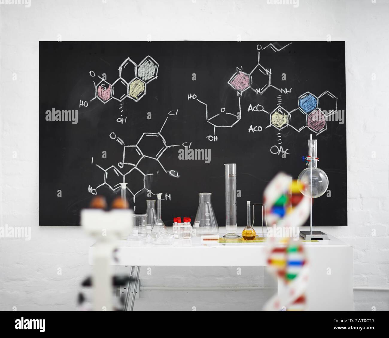 Science, laboratory and equipment with blackboard, molecules and atoms ...