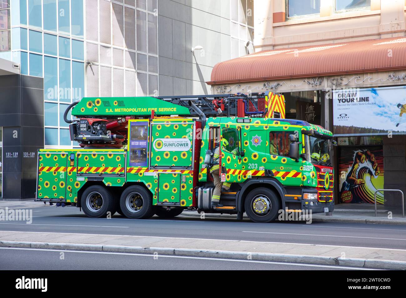 South Australian fire bridge service with sunflower wrapped fire truck ...