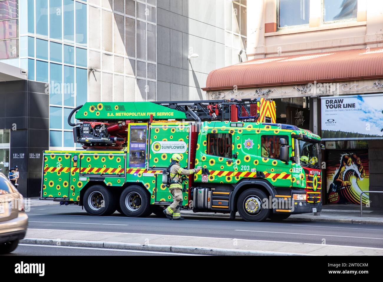 South Australian fire bridge service with sunflower wrapped fire truck ...