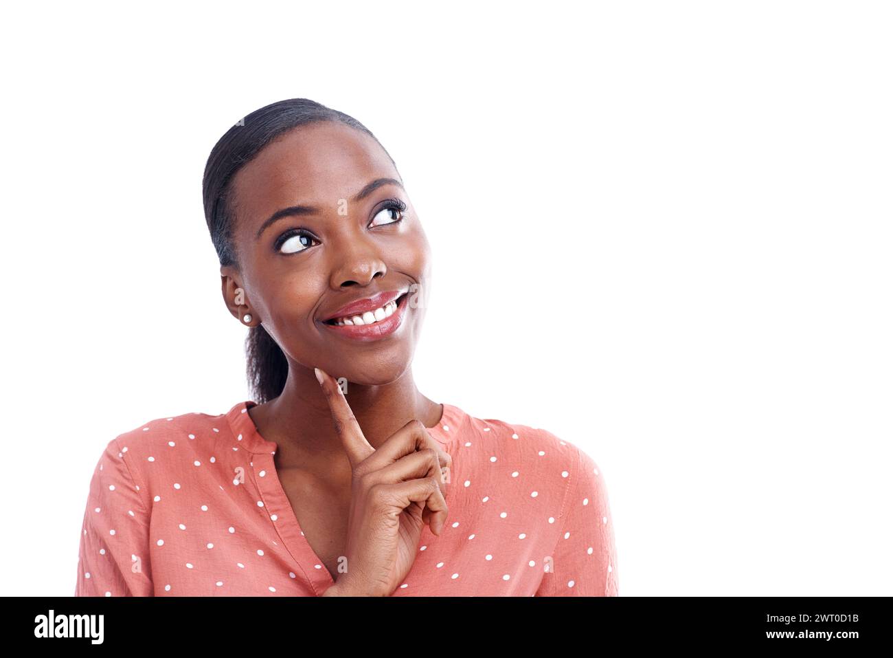 Black woman, thinking and inspiration for ideas and future, mockup ...