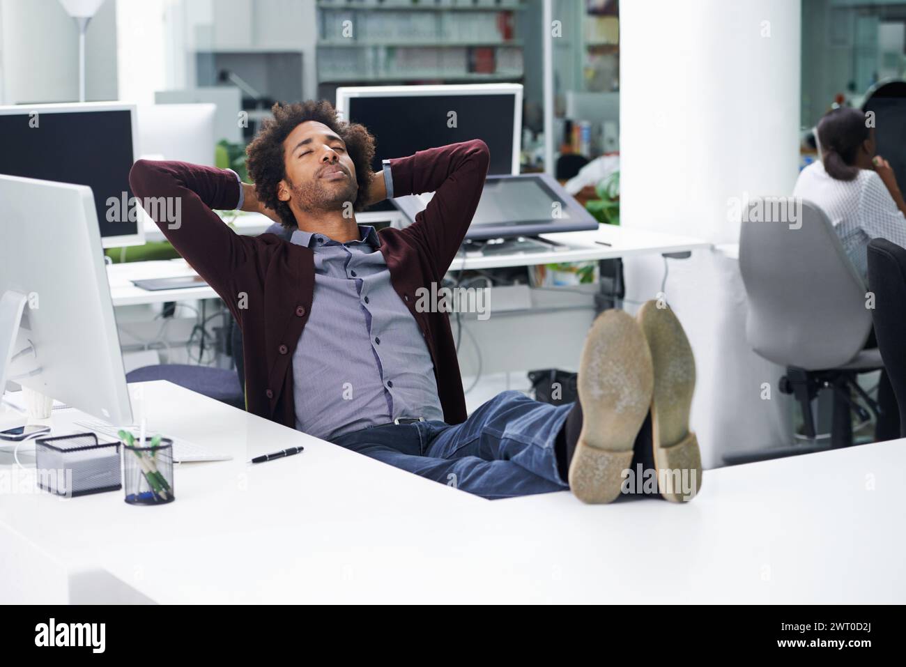 Break, relax or sleep with business man at desk in office, feet up for ...