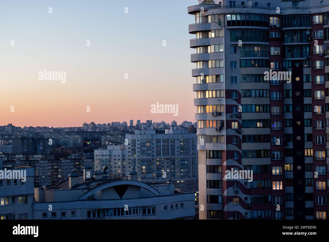 Belarus, Minsk - 10 march, 2024: View of the city at sunset close up ...