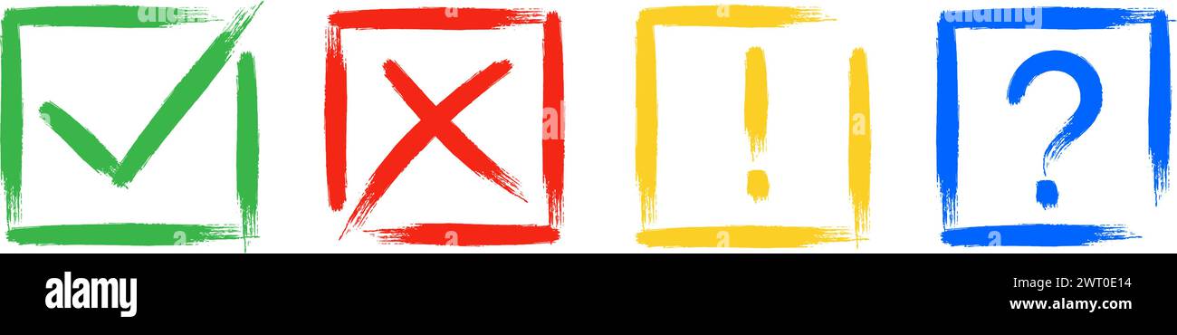 Dirty grunge cross x, tick OK, exclamation and question check marks in ...