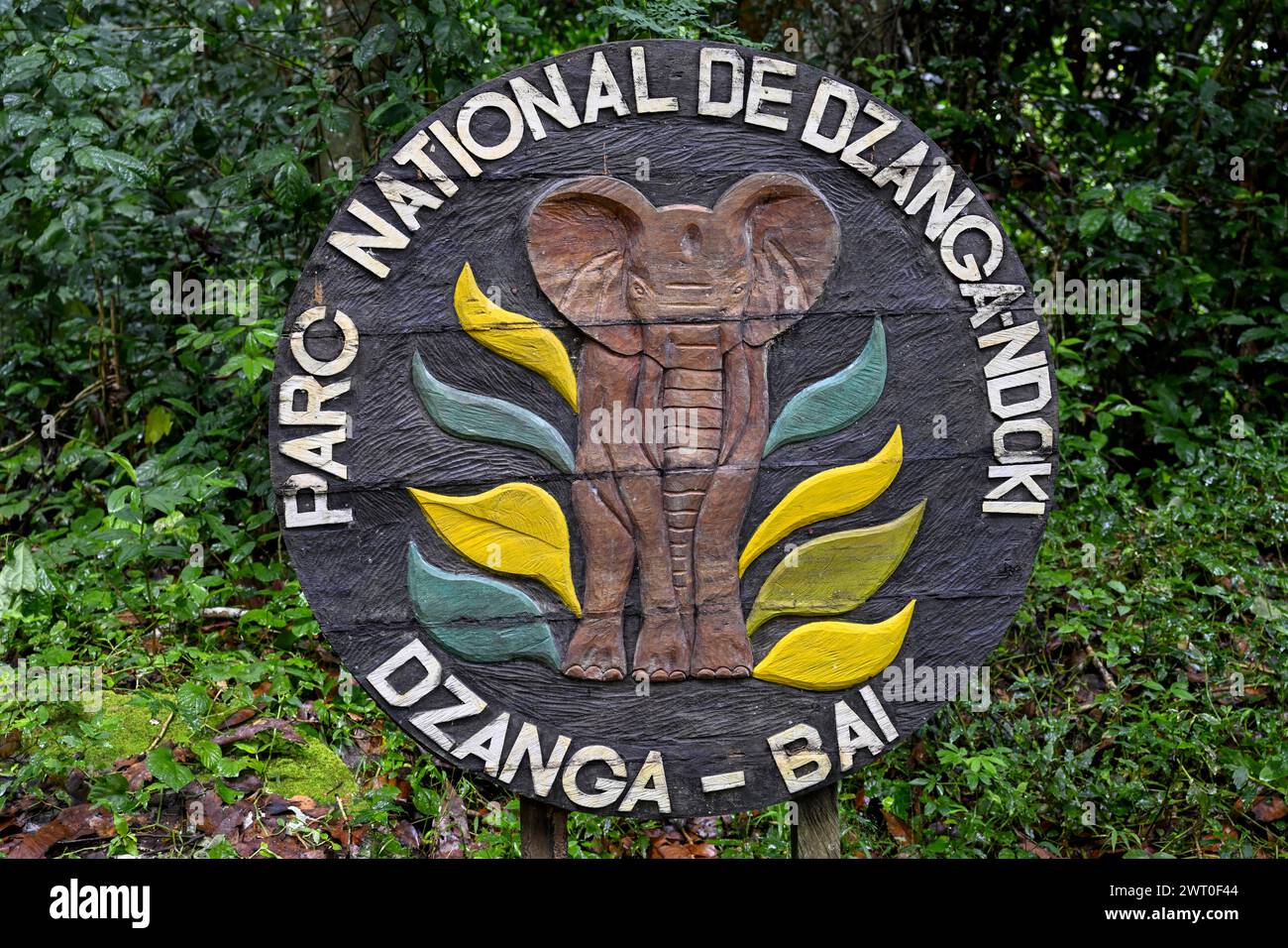 Sign at the entrance to the Dzanga-Ndoki National Park, Unesco World Heritage Site, Dzanga ...