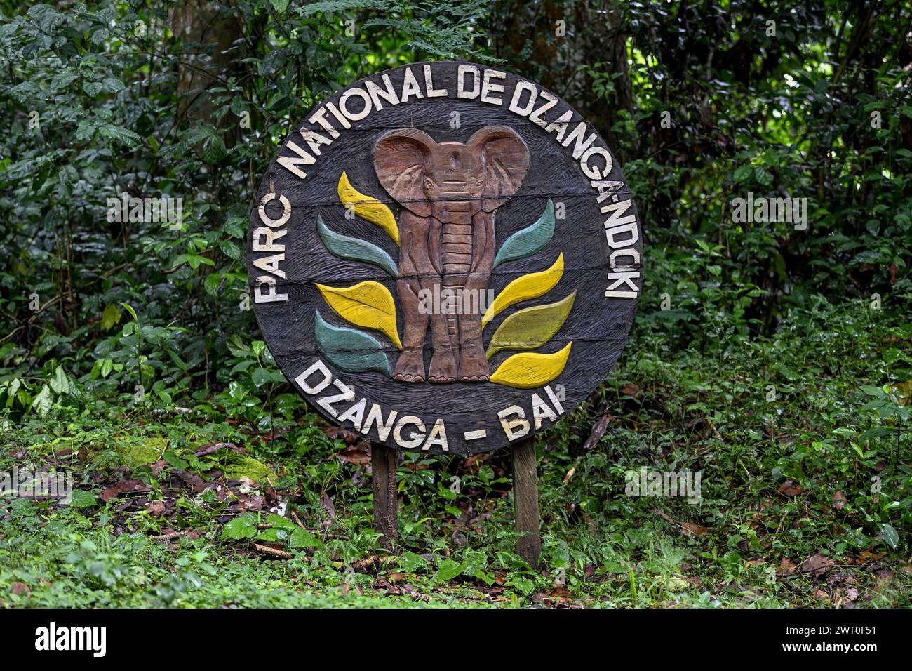 Sign at the entrance to the Dzanga-Ndoki National Park, Unesco World Heritage Site, Dzanga ...