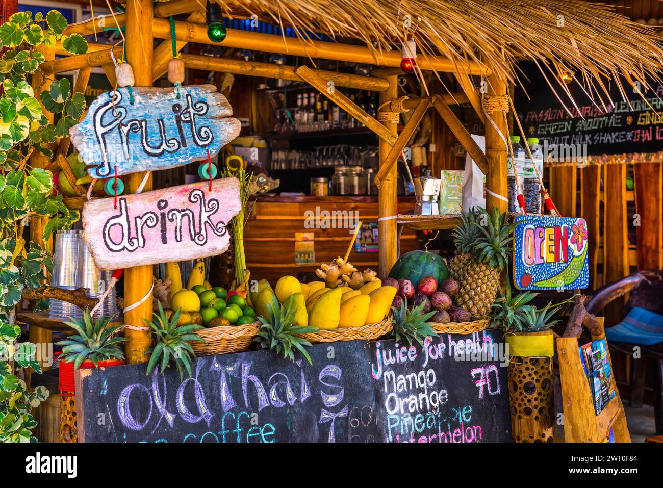 Fruit stand with cocktail, hint, board, drink, info, information ...