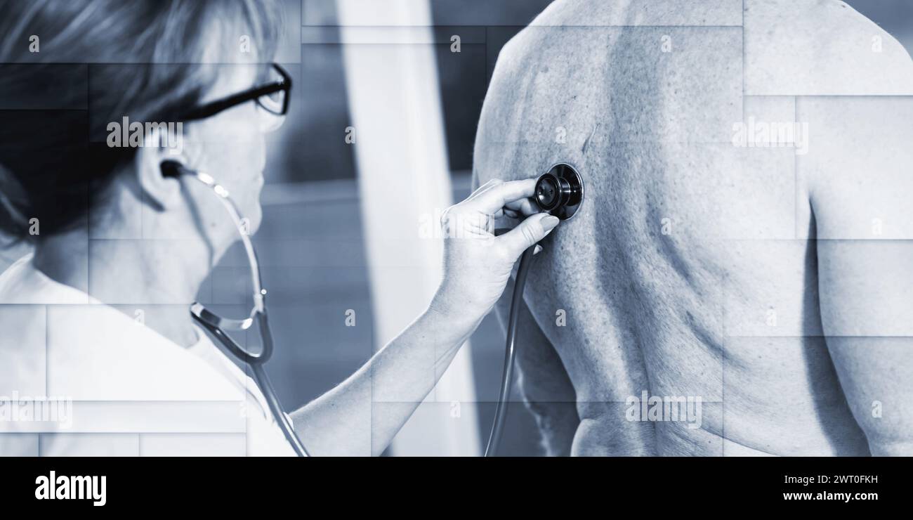 Female doctor using stethoscope to exam patient, geometric pattern ...