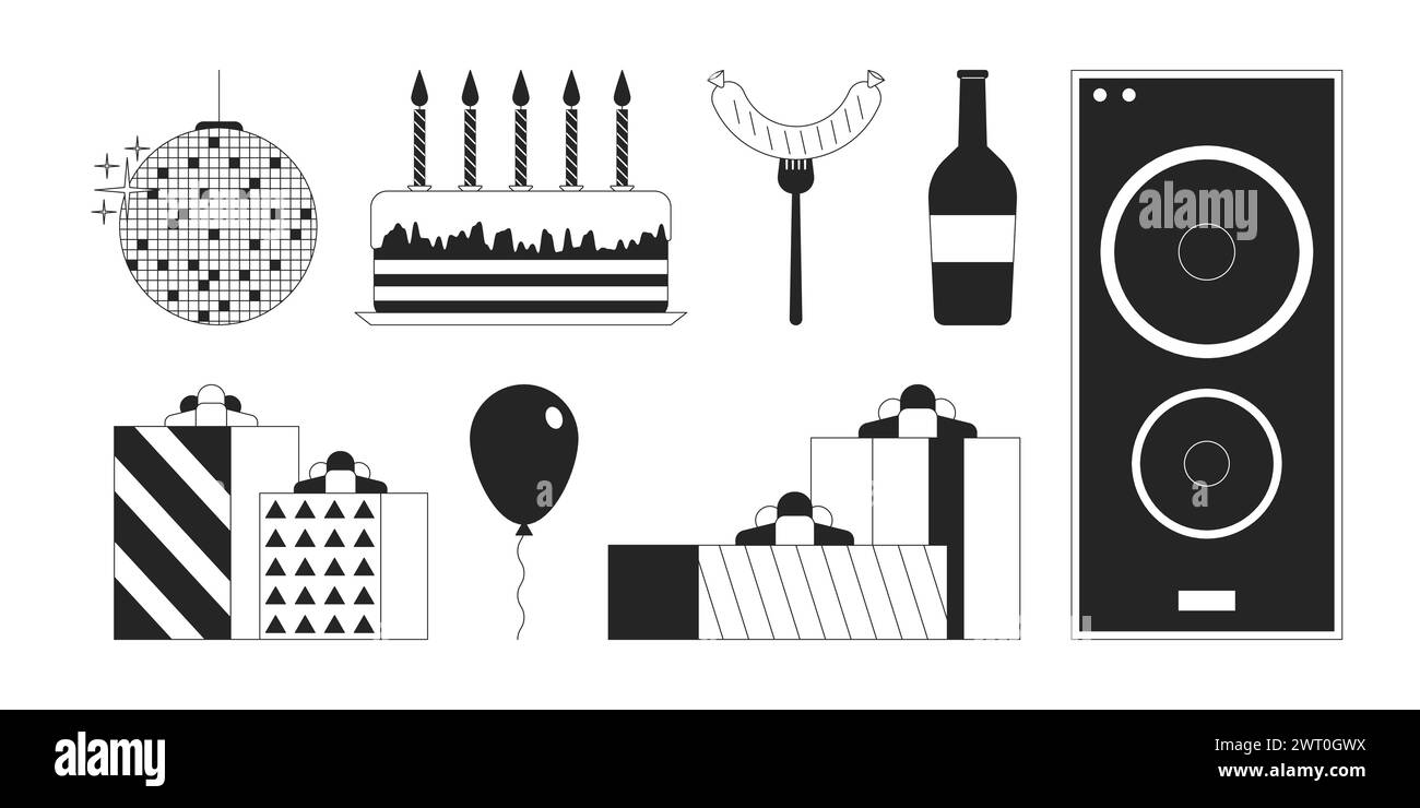 Birthday party celebration black and white 2D line cartoon objects set ...