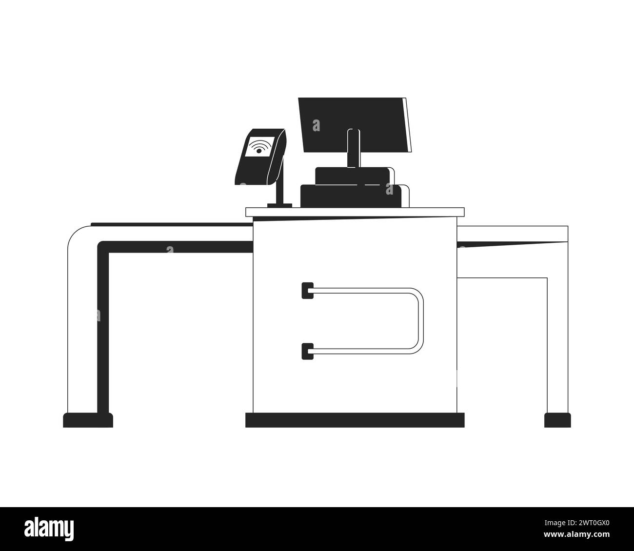 Supermarket checkout counter black and white 2D line cartoon object ...