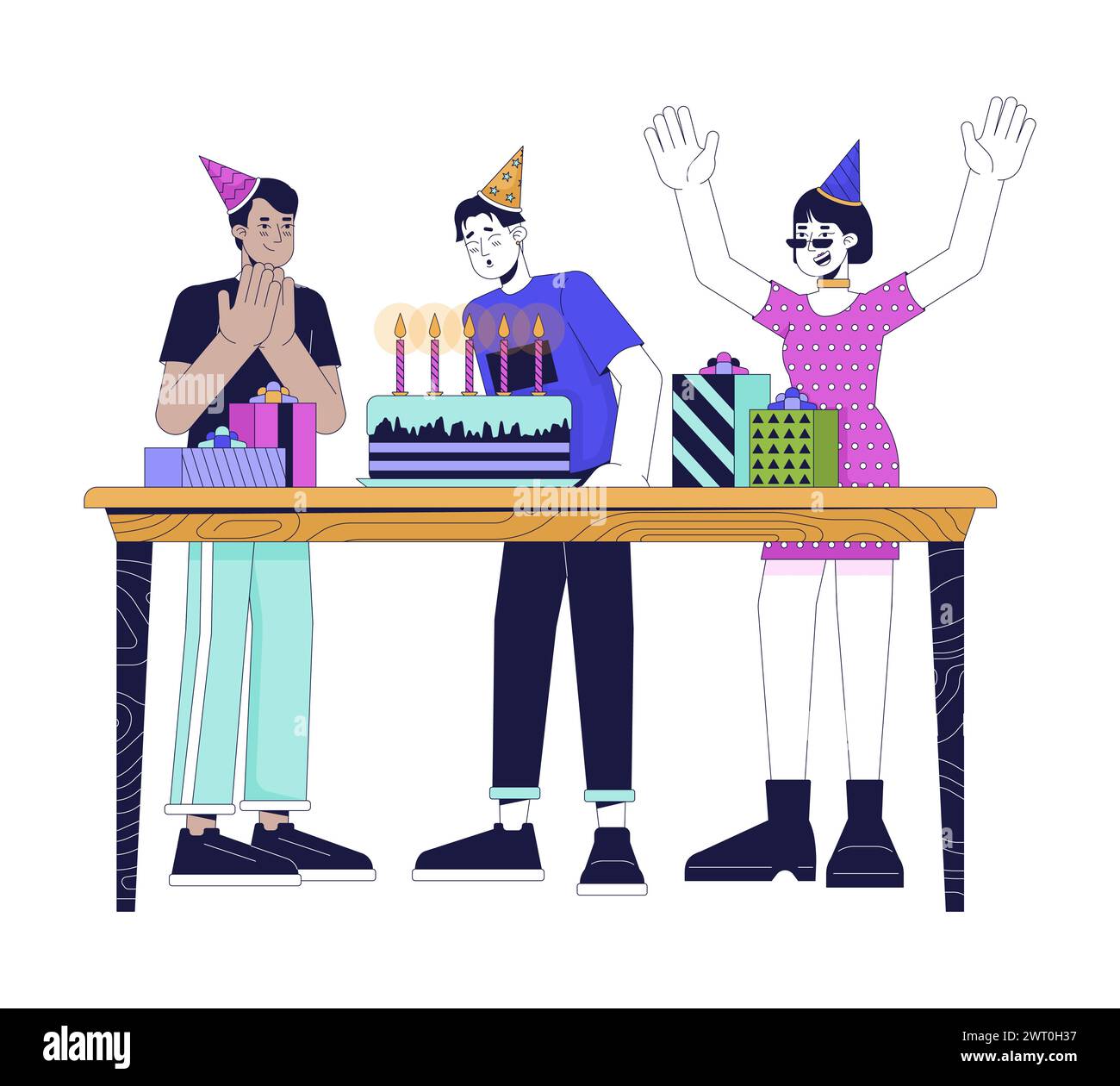 Birthday boy with friends 2D linear cartoon characters Stock Vector ...