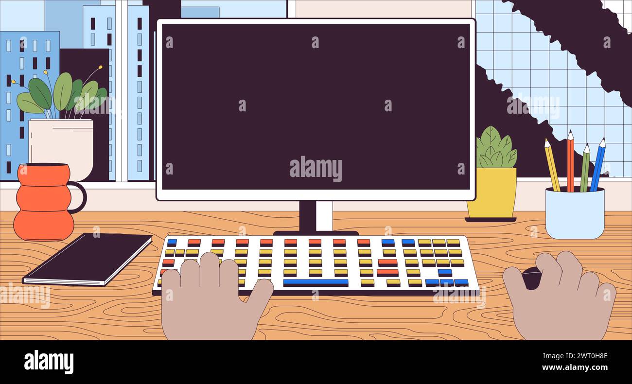 Black man working on computer 2D linear illustration concept Stock ...