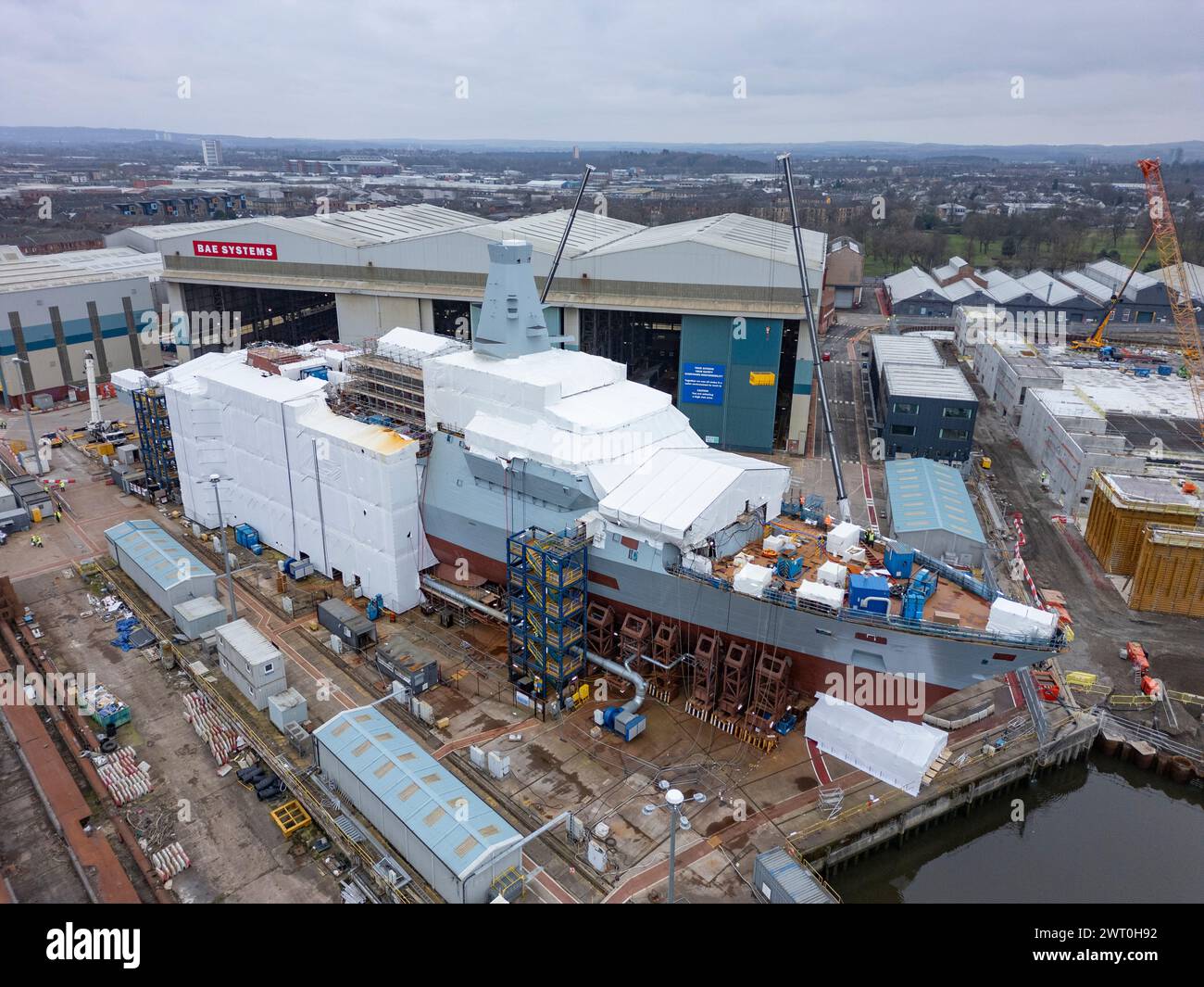 Aerial view of HMS Cardiff seen under construction at BAE Systems shipyard on the River Clyde at ...