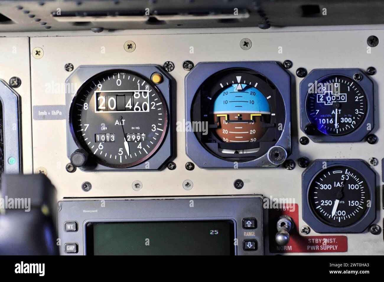 Complex cockpit with instruments for flight navigation, impressions of ...