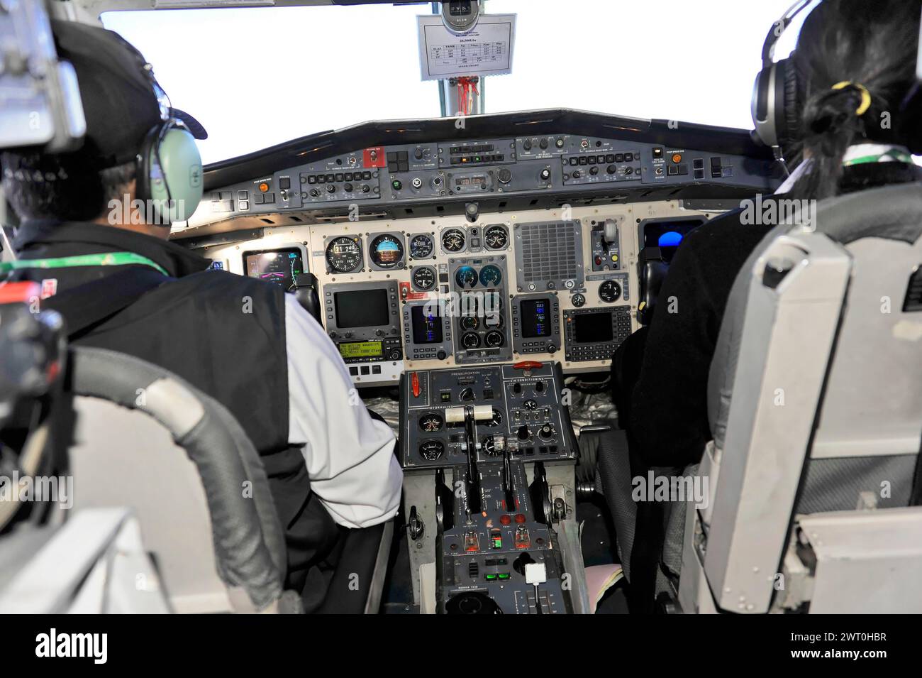 Cockpit of an aeroplane with pilot and numerous control elements ...