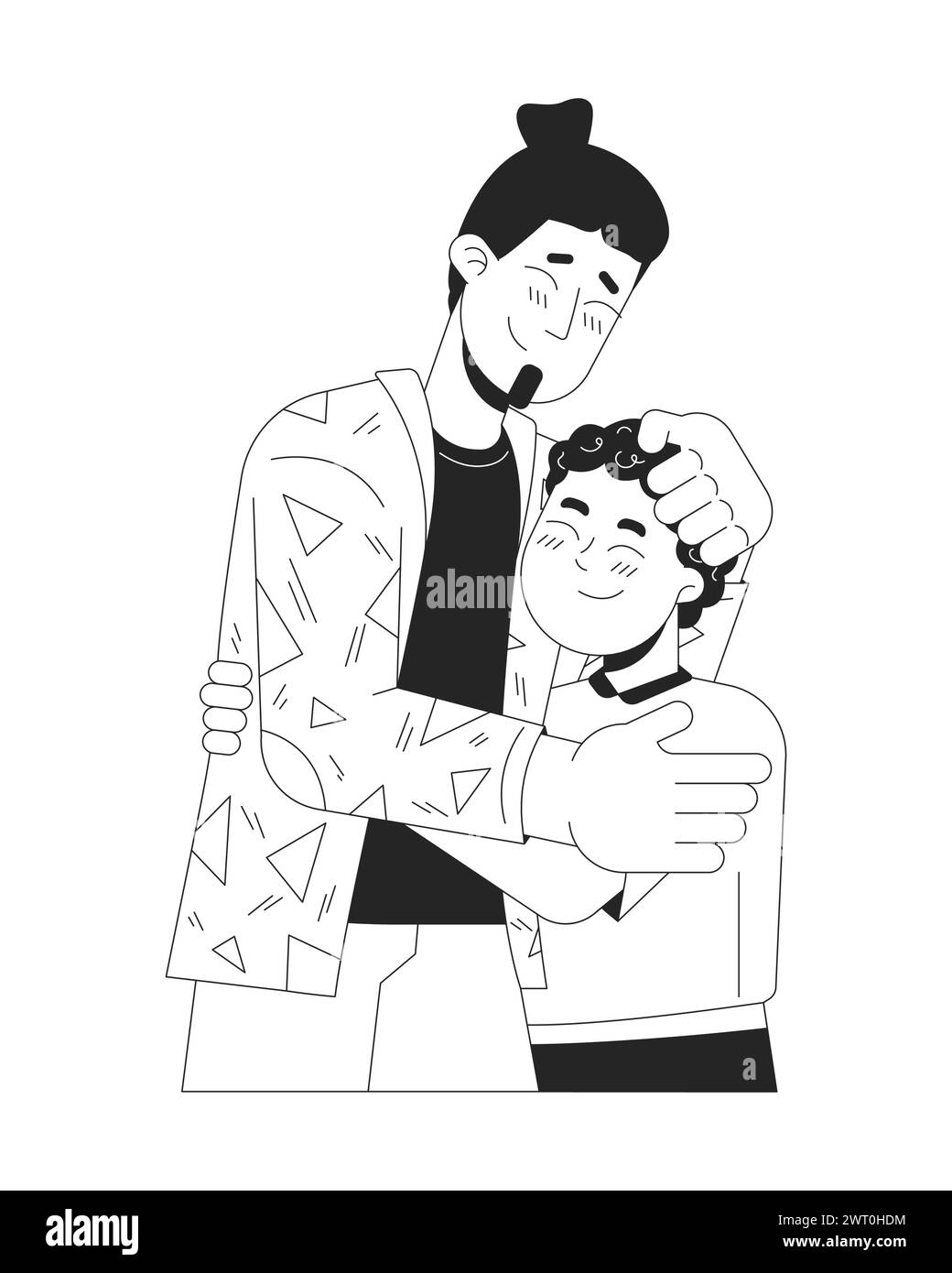 Single father young boy embracing black and white 2D line cartoon ...