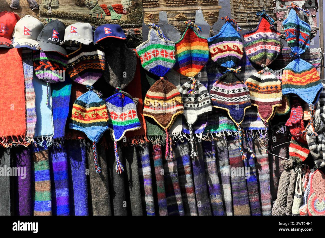 Display of colourful handmade hats at a market, Kathmandu Valley ...