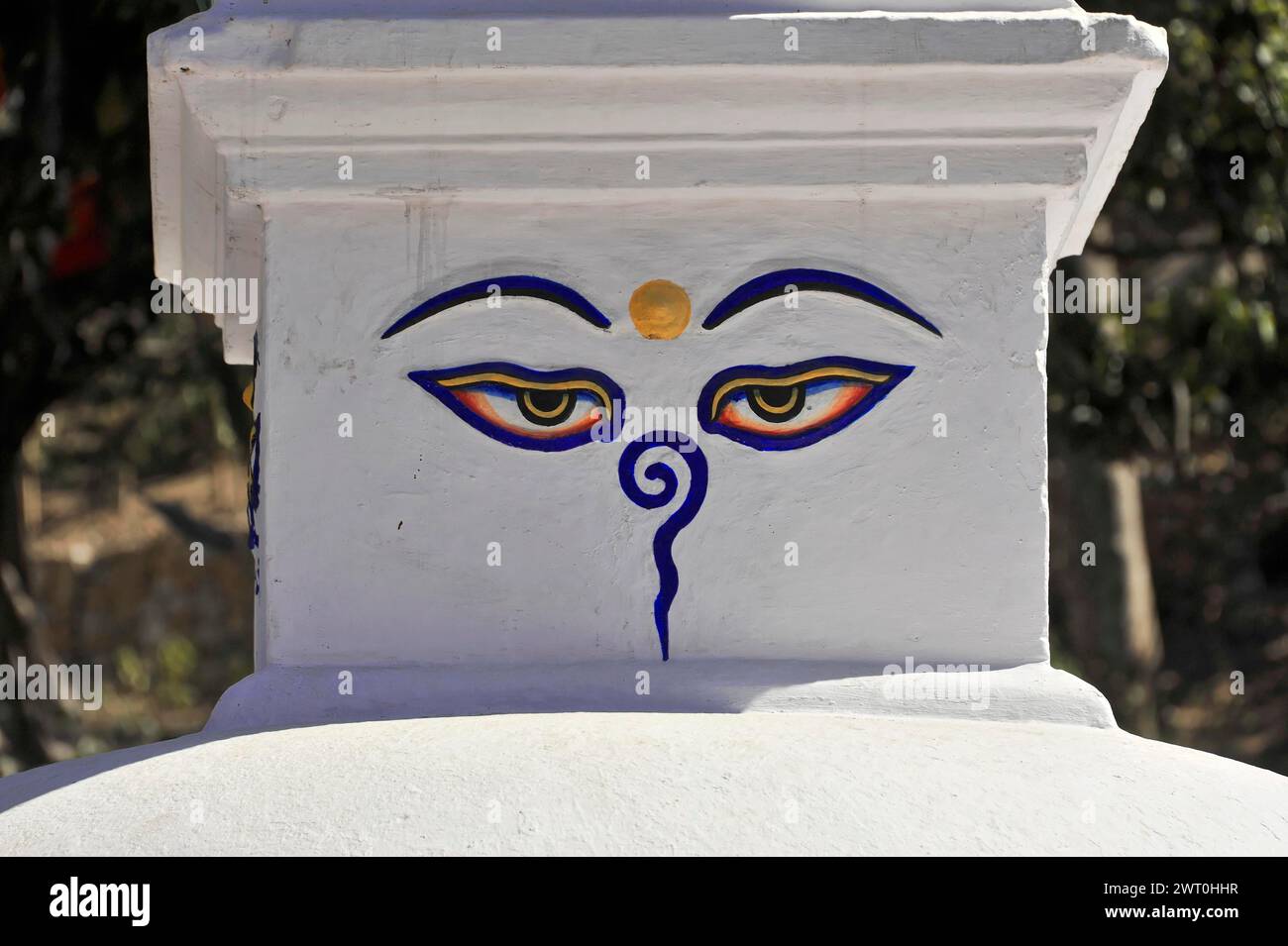 The painted eyes of Buddha as a spiritual symbol on a white stupa ...