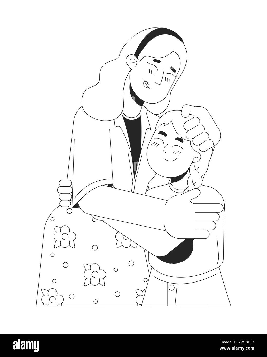 Single mother young girl embracing black and white 2D line cartoon ...