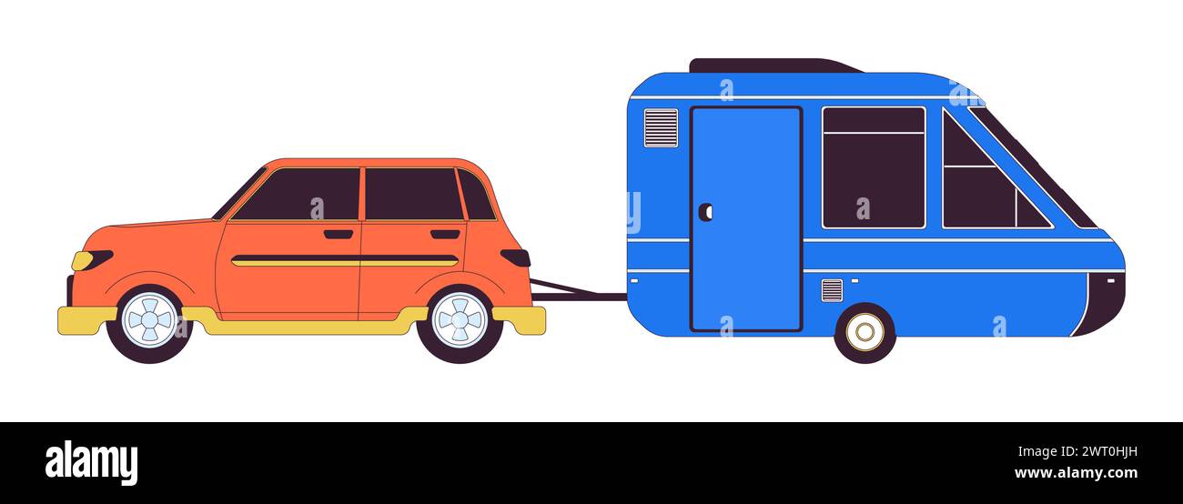 Car Pulling Trailer 2d Linear Cartoon Object Stock Vector Image And Art