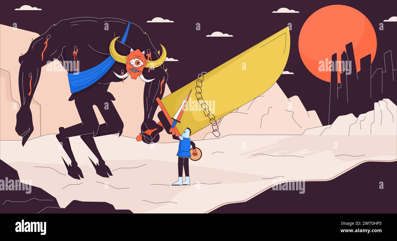 Boss fighting in adventure game cartoon flat illustration Stock Vector ...