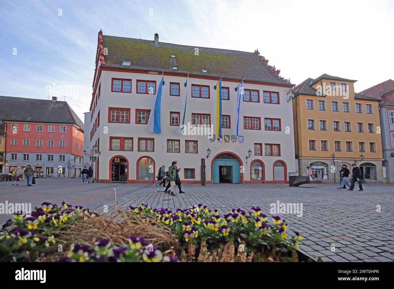 Town hall with flags built in 1531, city flag, Bavarian state flag ...