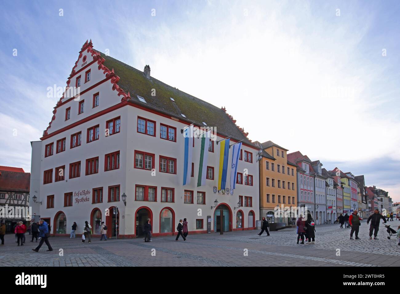 Town hall with flags built in 1531, city flag, Bavarian flag, Ukrainian ...