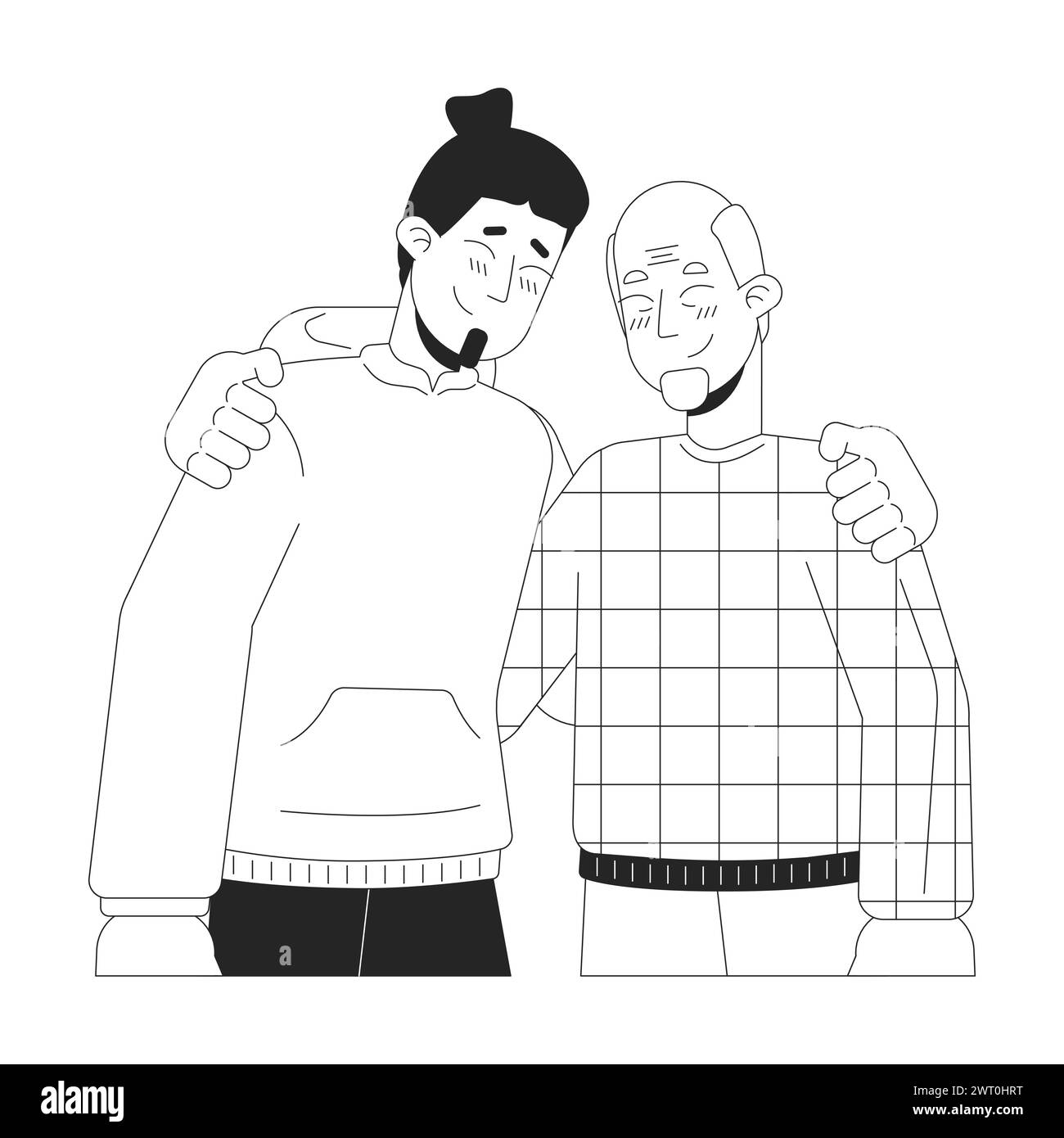 Caucasian son and senior father hugging black and white 2D line cartoon characters Stock Vector ...