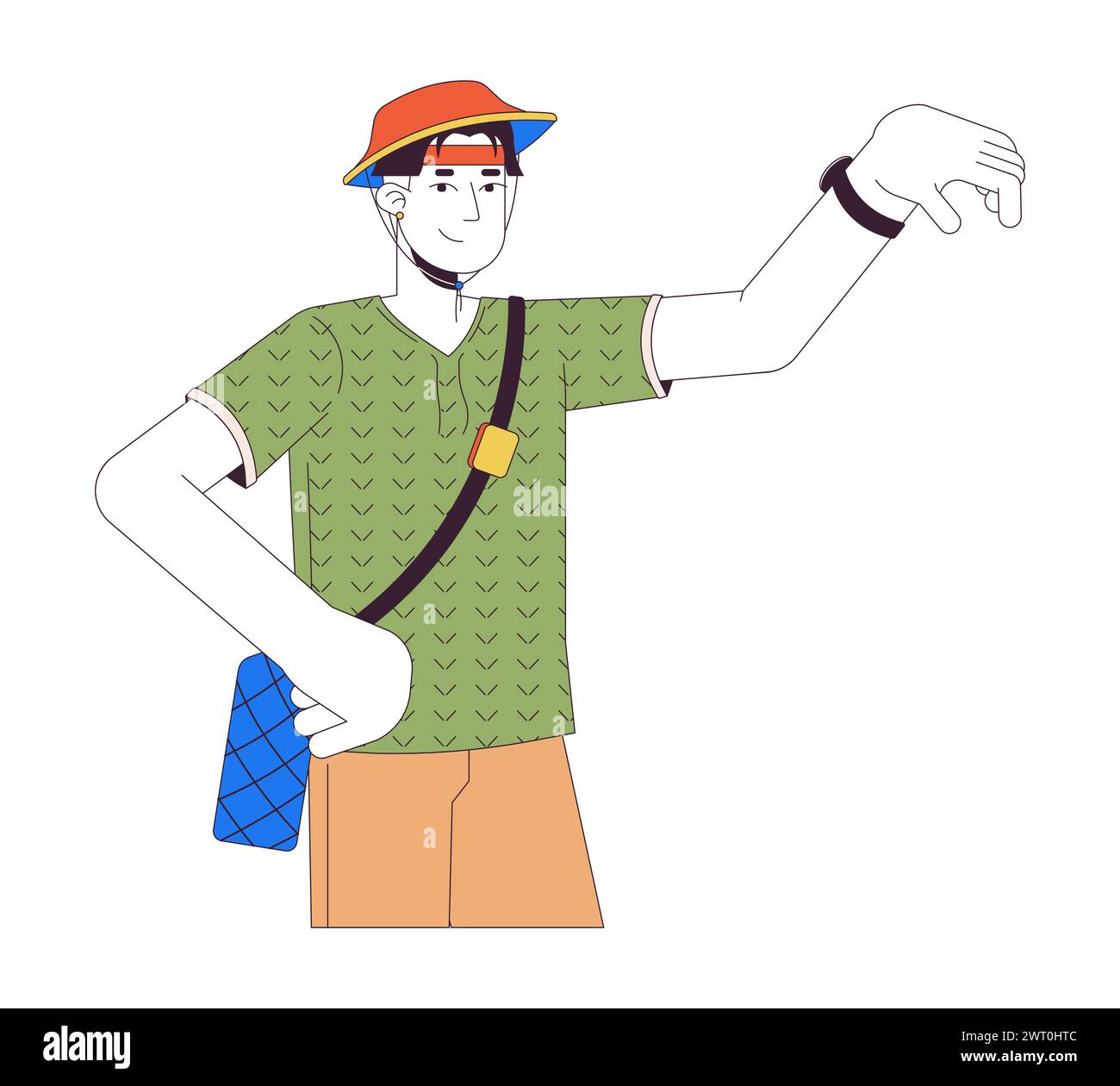 Tourist asian male wristwatch checking 2D linear cartoon character ...