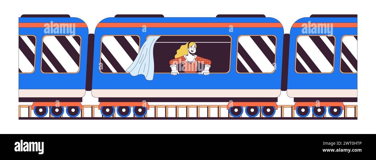 Caucasian female commute passenger train 2D linear cartoon character ...
