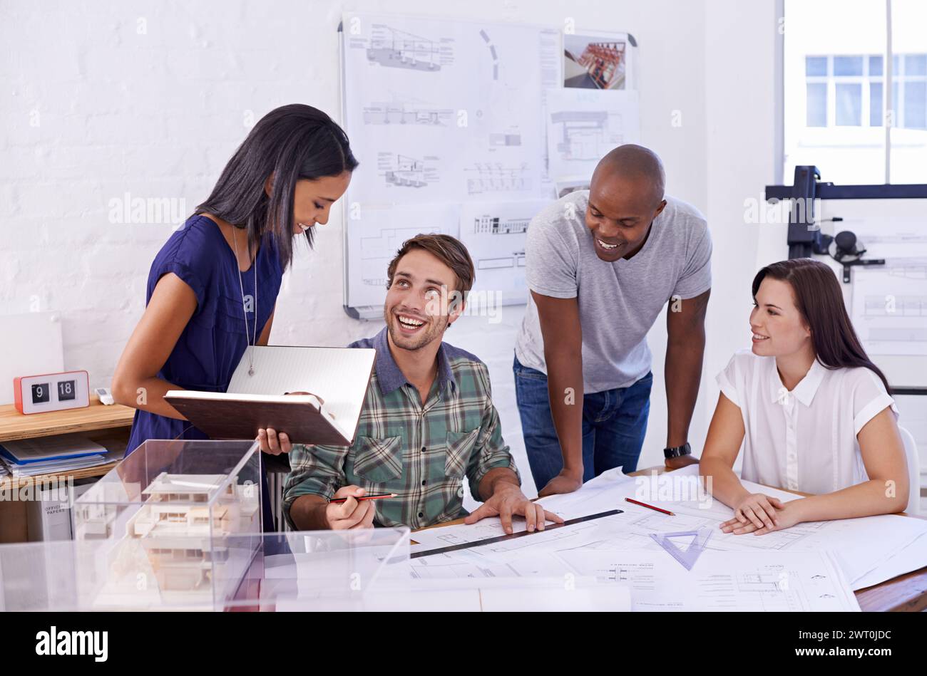 Architecture, people and collaboration with drawing on blueprint in ...