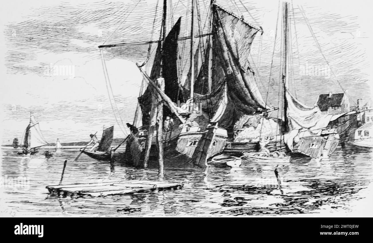 Ewer on the Elbe, flat-bottomed ship, shallow water, two-master ...