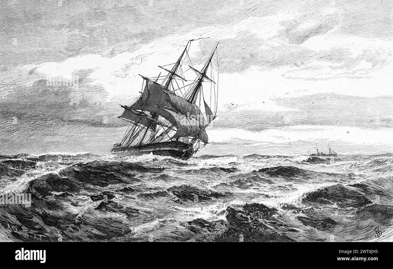 Two-masted full-rigged ship in heavy seas, Baltic Sea, Mecklenburg ...
