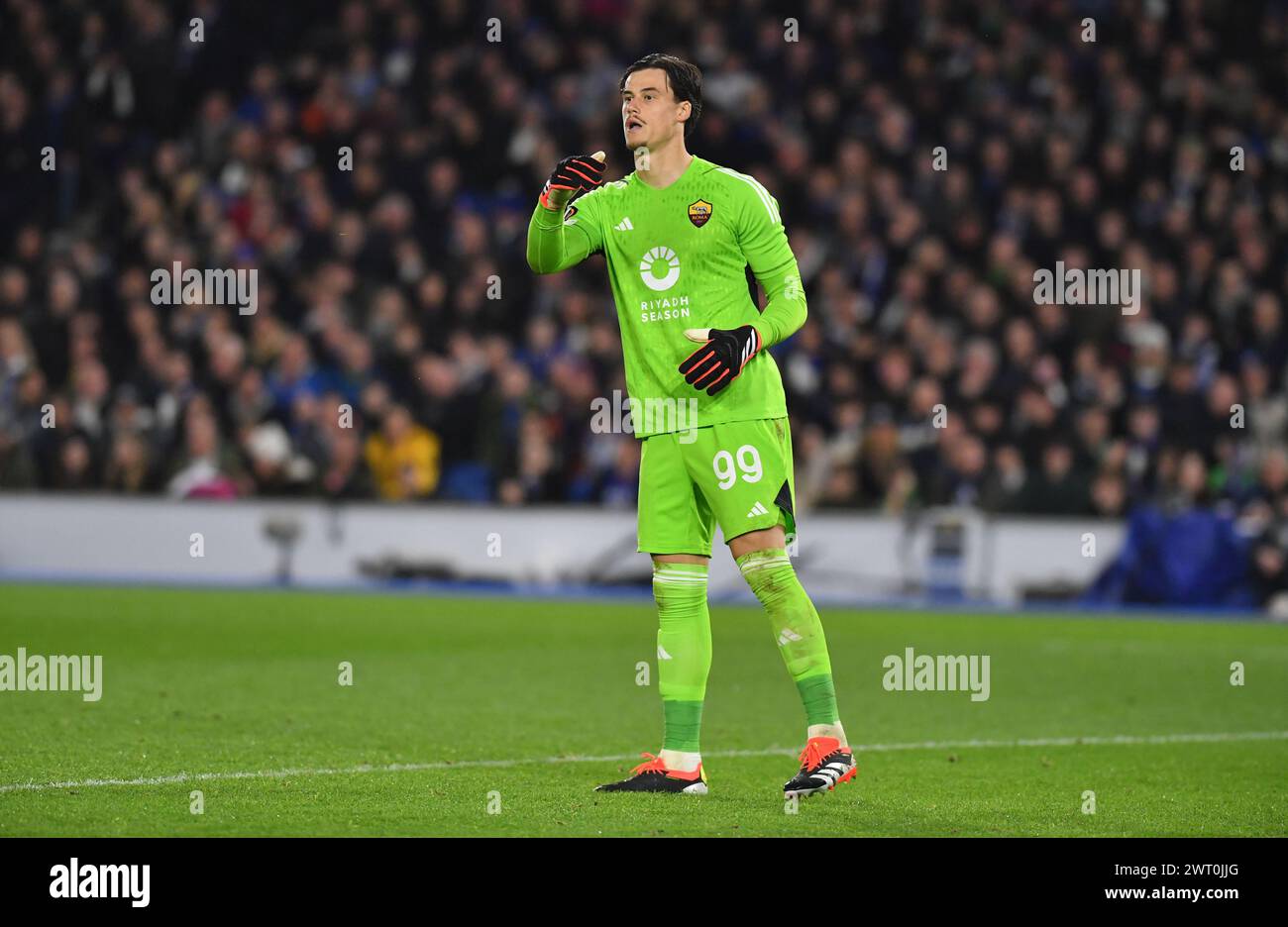 Roma goalkeeper Miles Svilar the Europa League match between Brighton ...