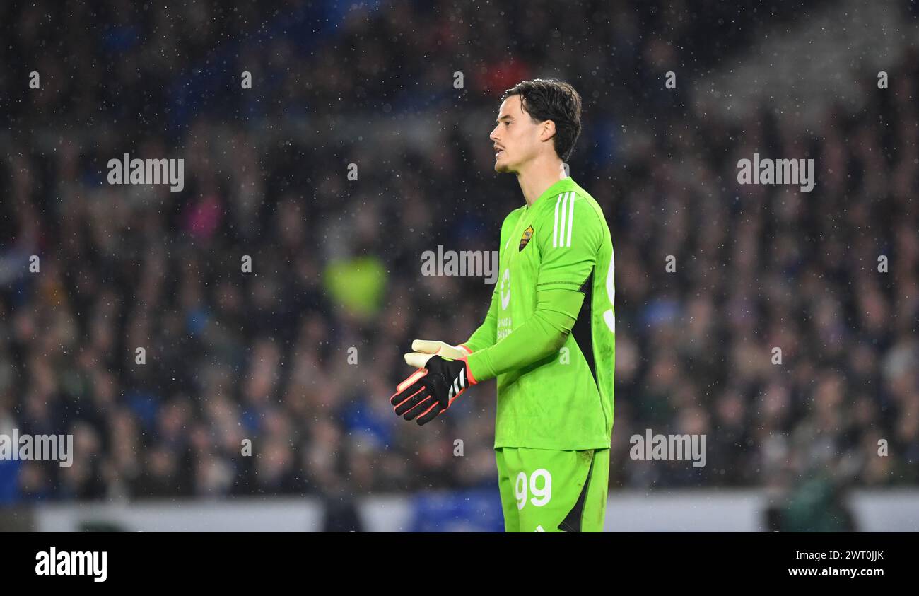 Roma goalkeeper Miles Svilar the Europa League match between Brighton ...