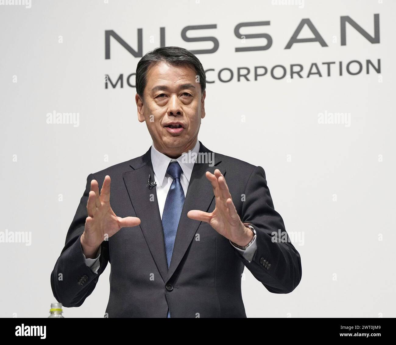Nissan Chief Executive Makoto Uchida gestures during a joint news ...