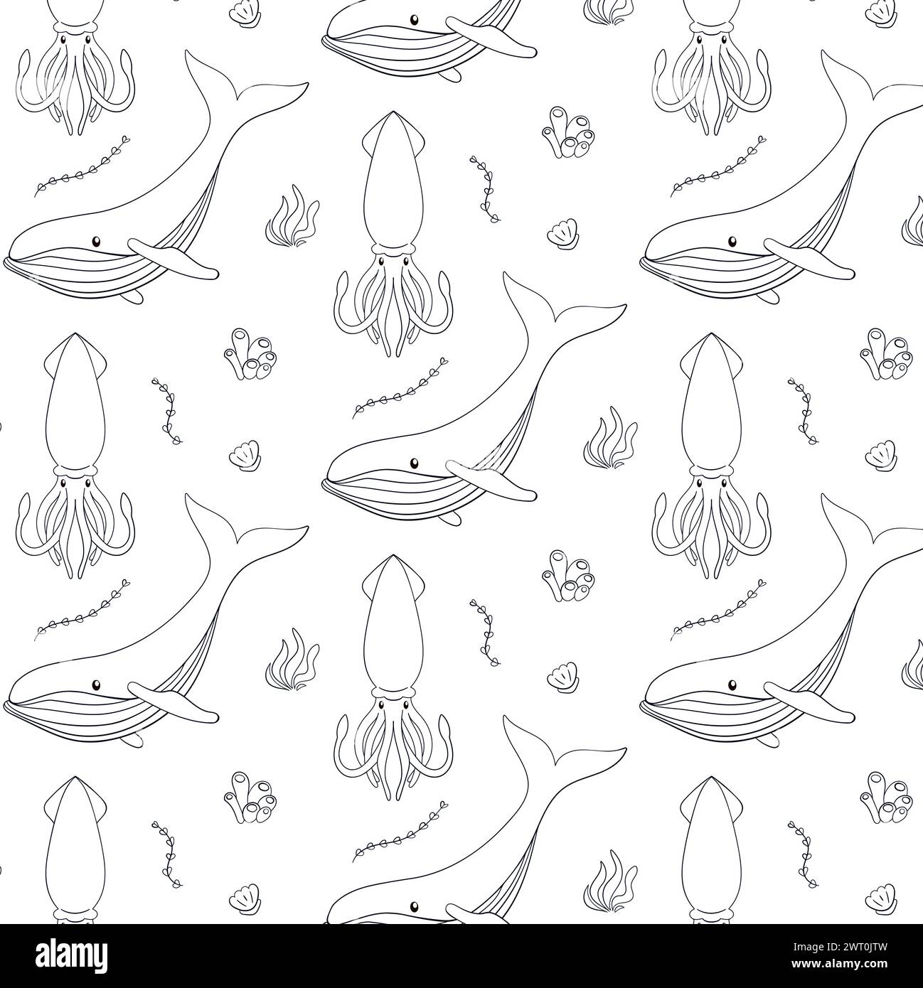 Undersea seamless pattern in line art style. Sea animals squid, blue ...