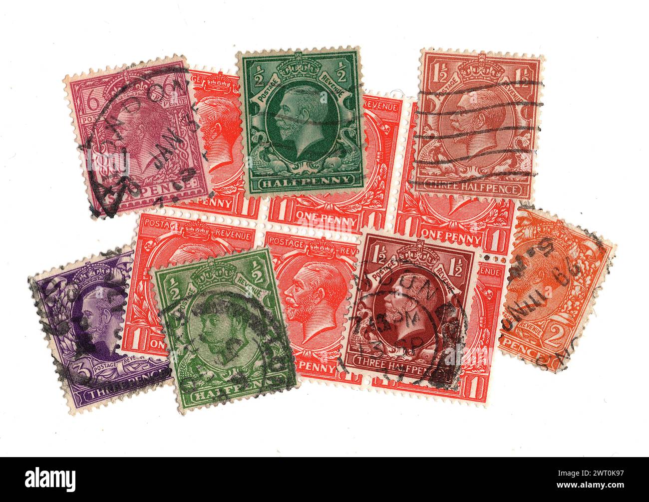 Vintage King George V postage stamps from Great Britain isolated on a ...