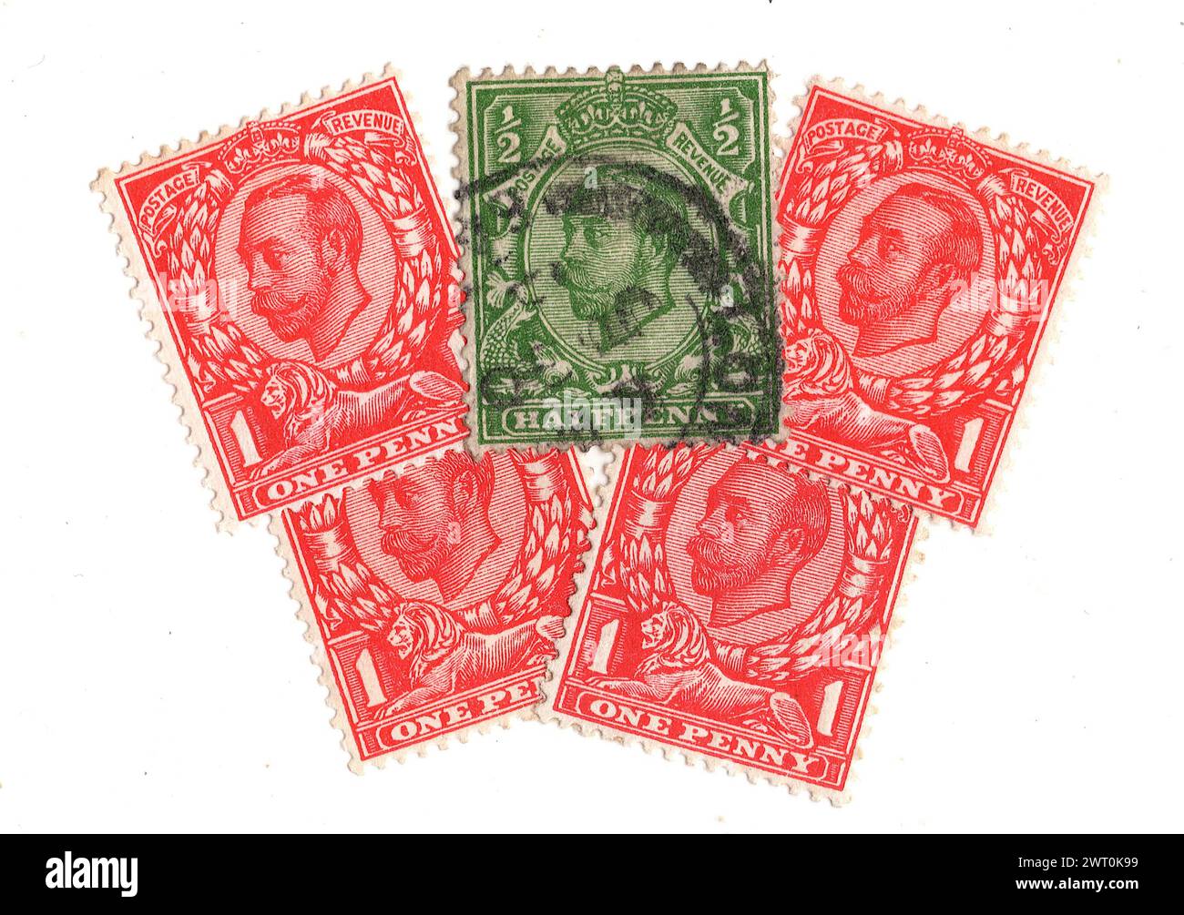 Vintage King George V postage stamps from Great Britain isolated on a ...