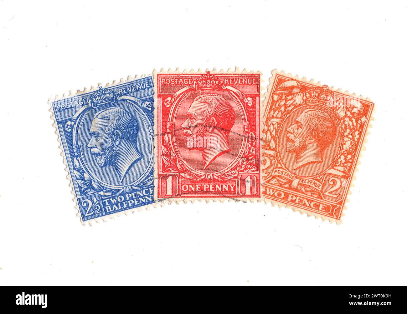 Vintage King George V postage stamps from Great Britain isolated on a ...