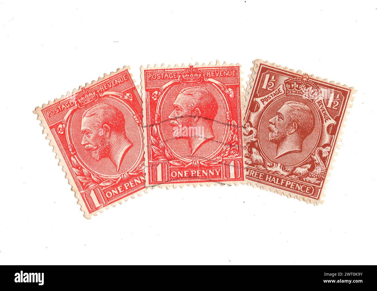 Vintage King George V postage stamps from Great Britain isolated on a ...