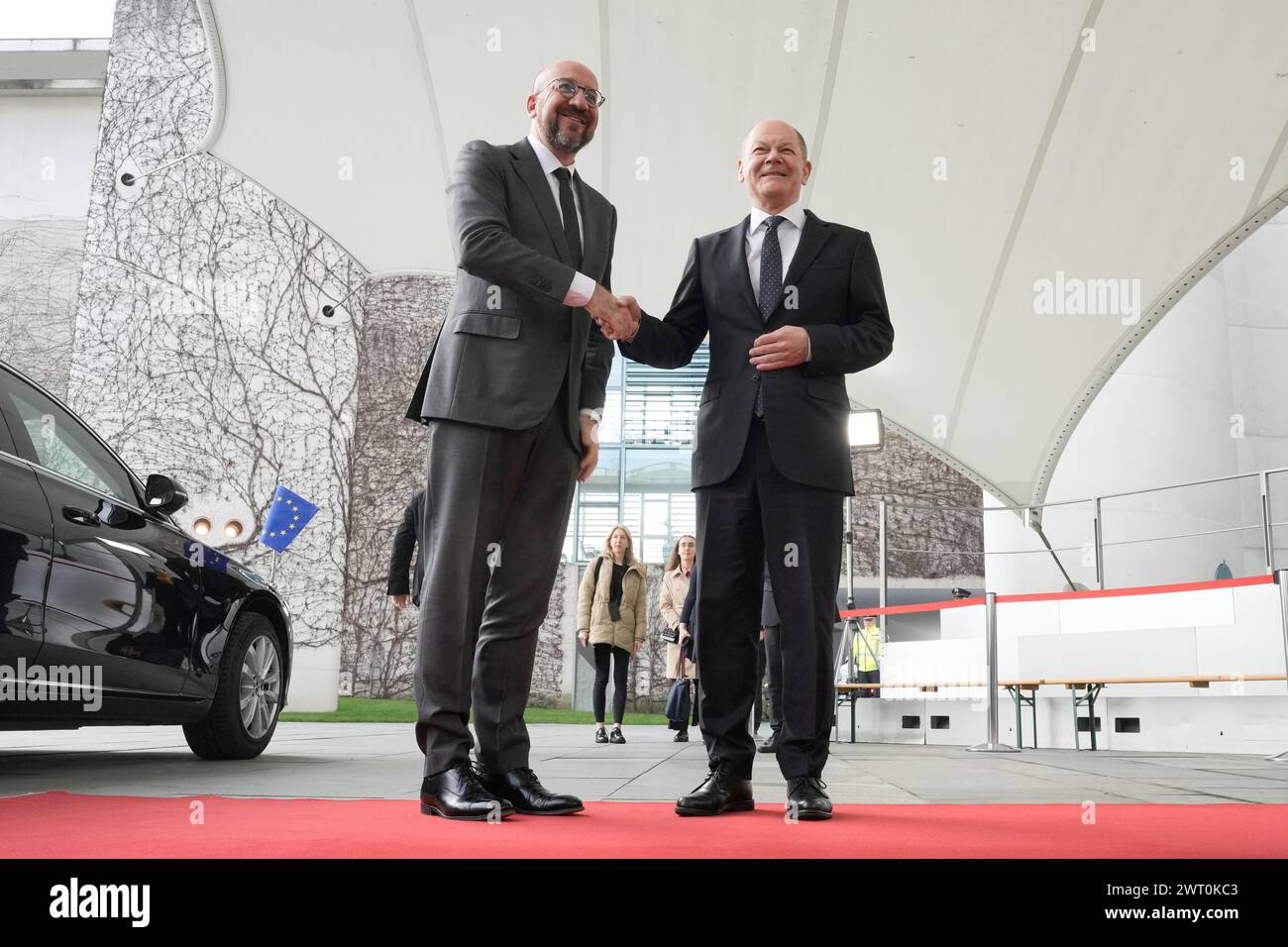 German Chancellor Olaf Scholz, right, welcomes European Council ...