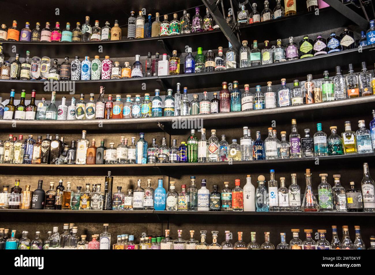 Wall of Gin, dozens of gin bottles displayed in a gin bar in Barossa ...