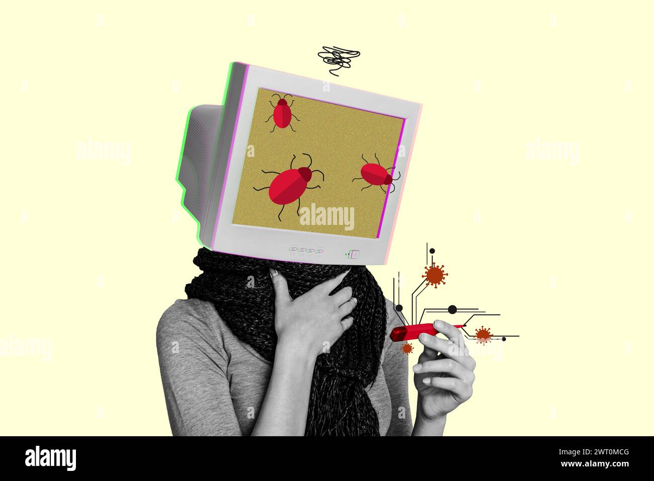 Trend artwork 3D collage image of ill headless woman hold hand on chest ...