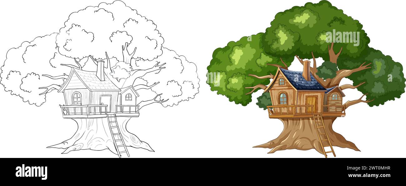 Vector illustration of a treehouse, colored and line art Stock Vector ...