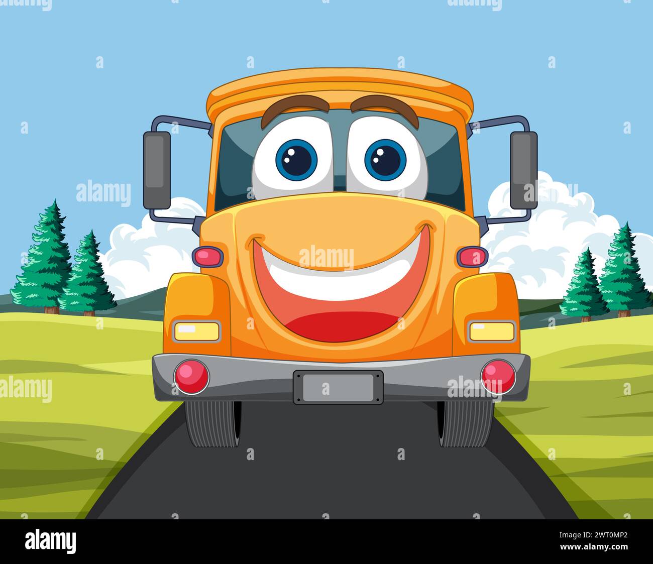 Cheerful animated bus driving through a scenic route Stock Vector Image ...