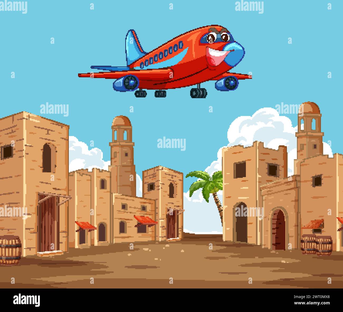Cartoon airplane flying above old desert buildings Stock Vector Image ...