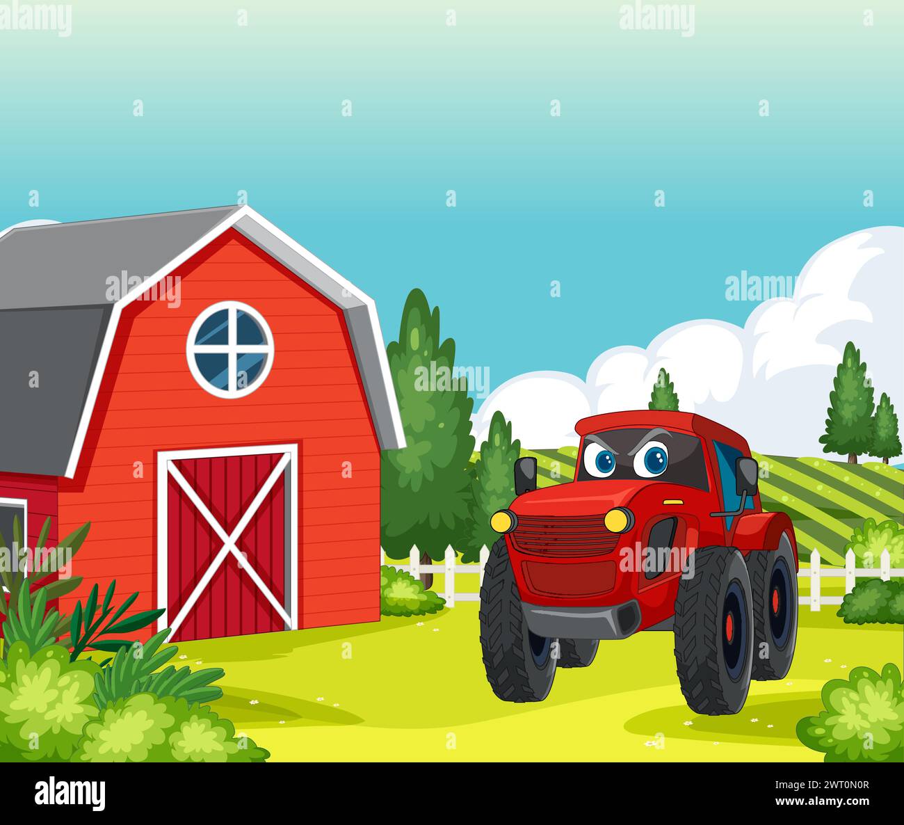 Cartoon tractor in front of a red barn Stock Vector Image & Art - Alamy