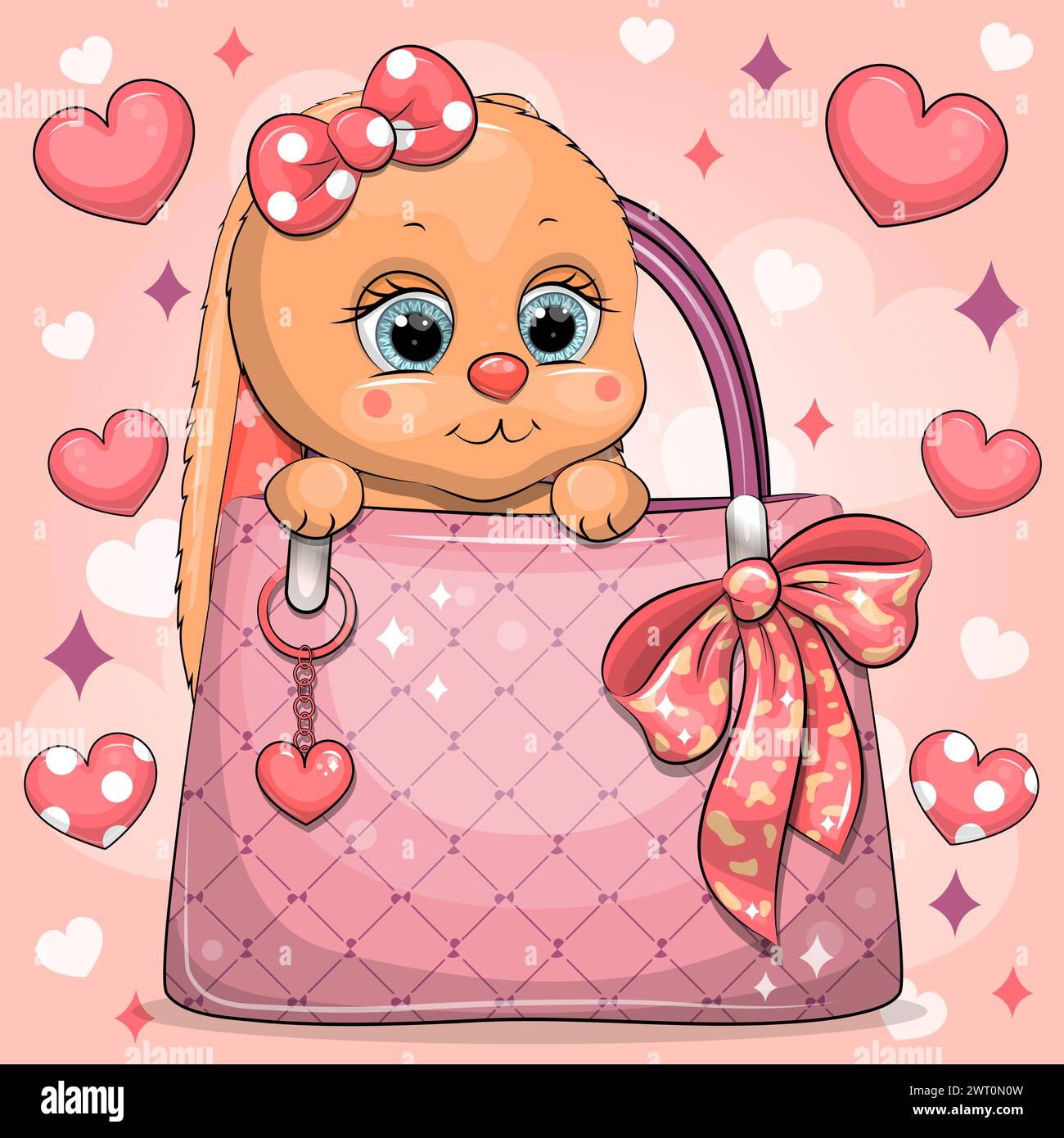 Cute cartoon bunny wears a hair bow and sits in a woman's handbag ...