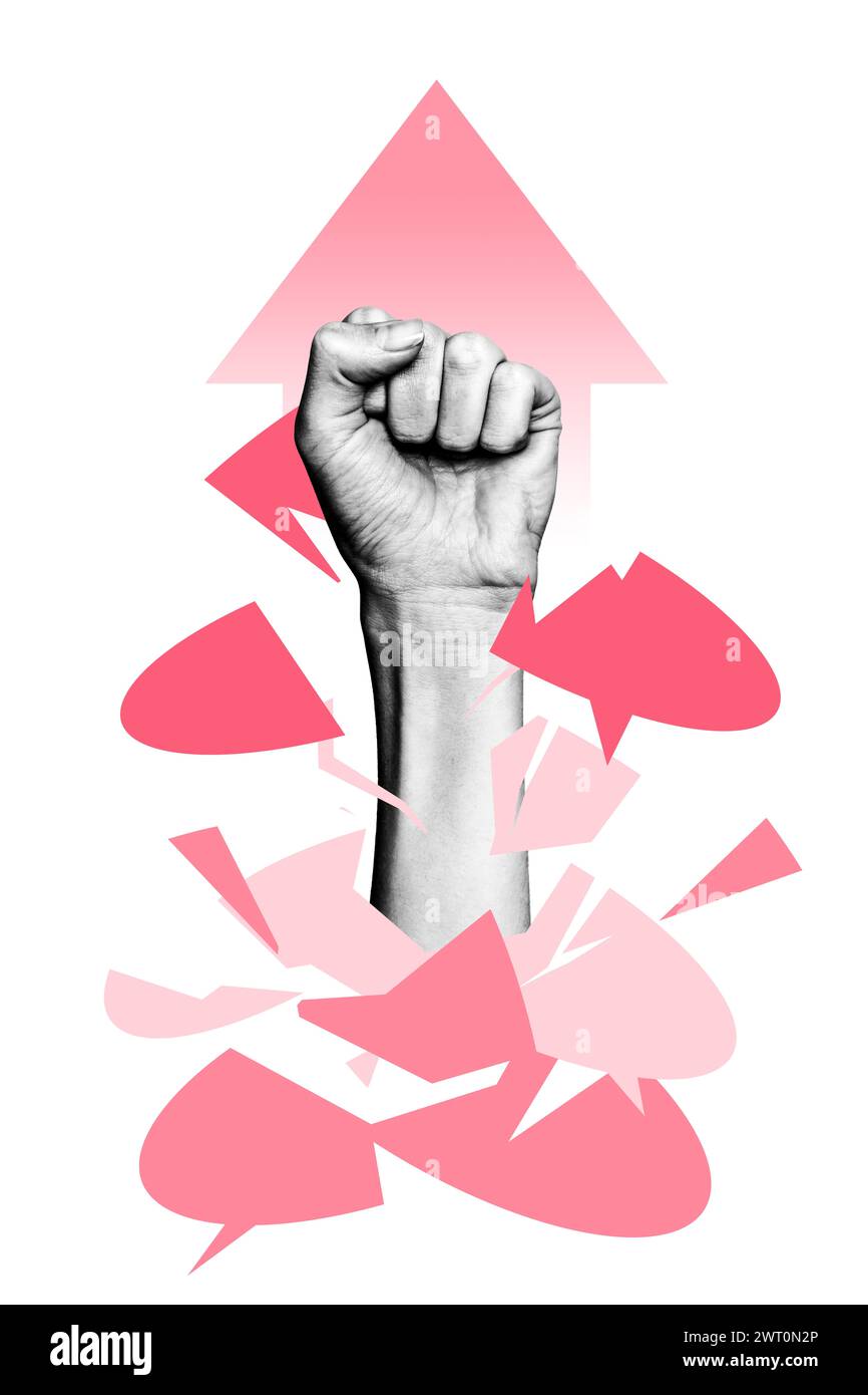 Vertical 3d photo collage of hand beat fist break text box arrow up ...