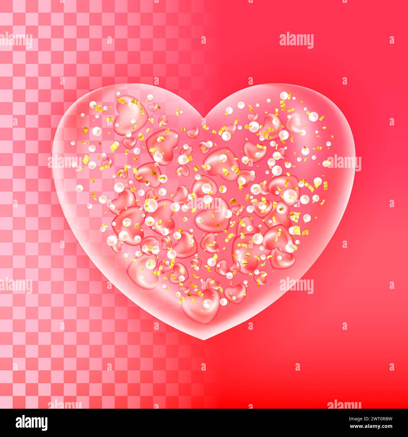 Red realistic glass heart. Plastic transparent heart shape bubble. 3d ...